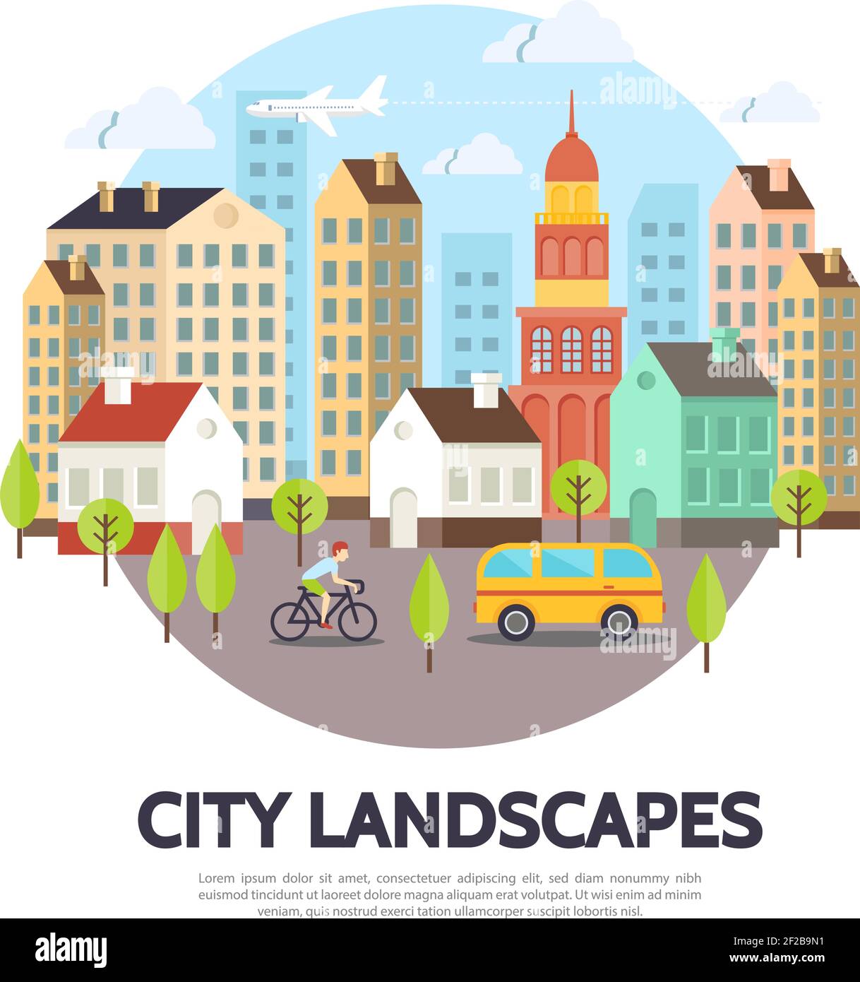 Flat cityscape concept with buildings of different structure trees ...