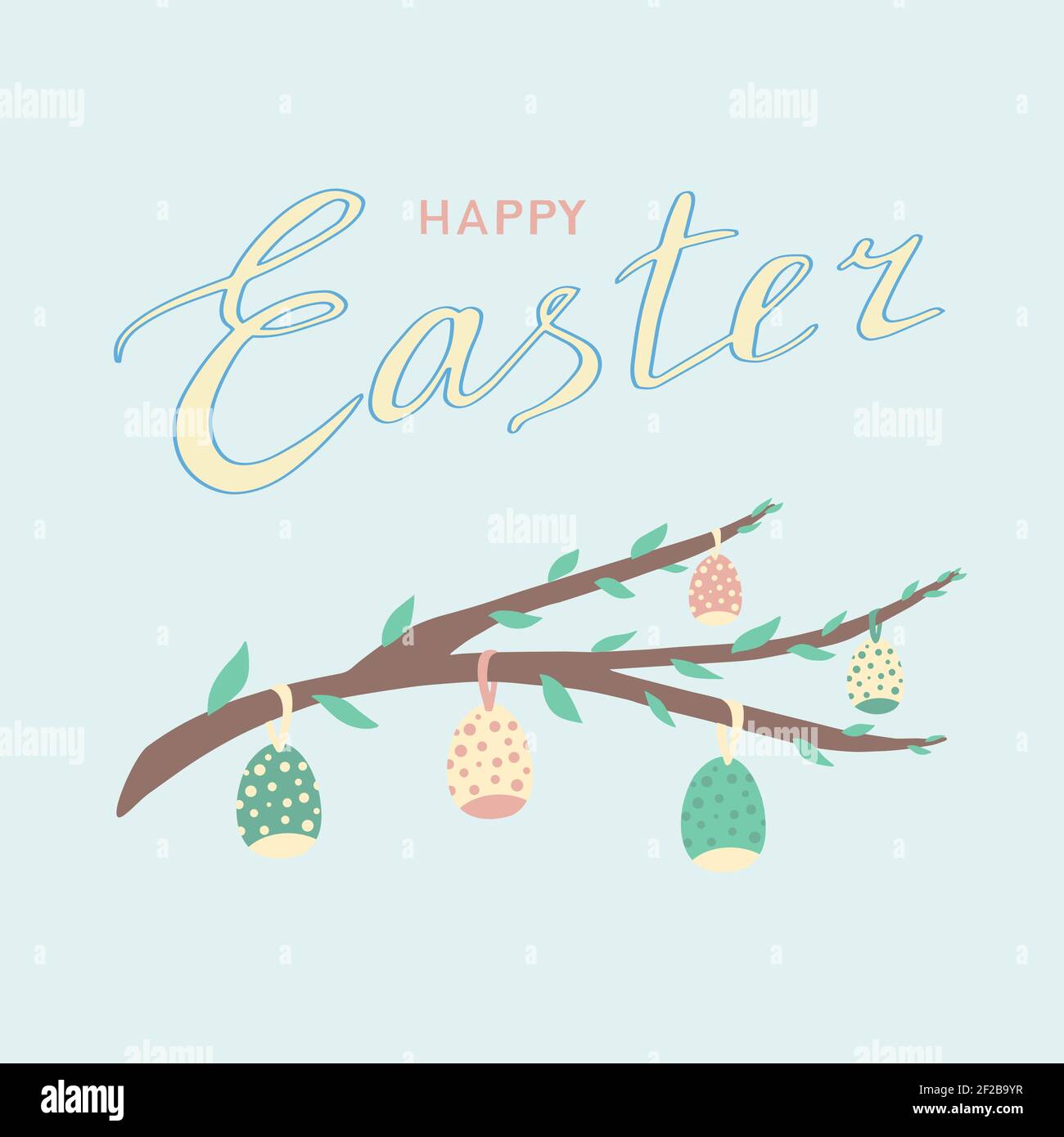 Happy Easter - greeting card with lettering and tree branch with green ...