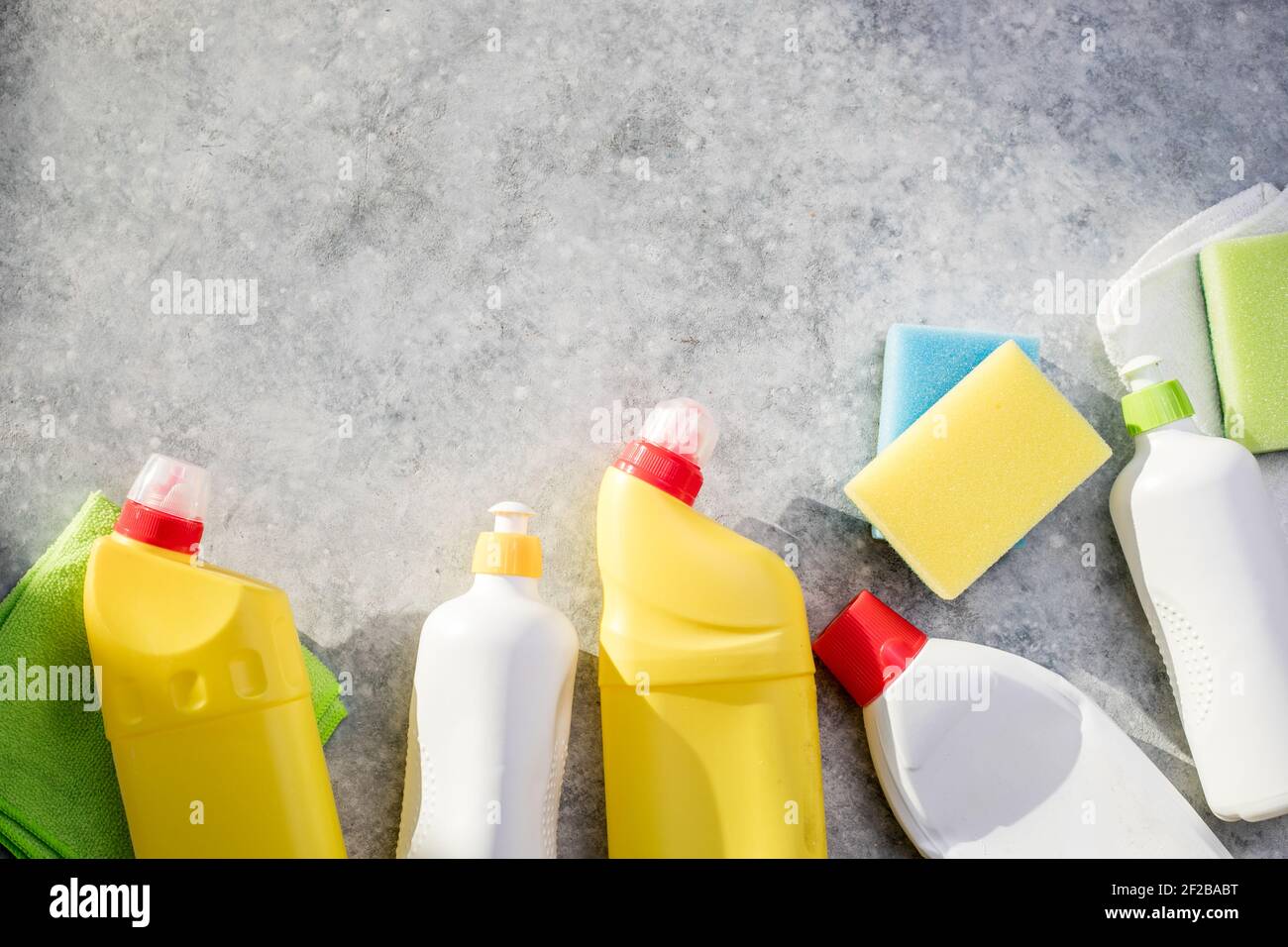 Cleaning products. Plastic chemical detergent bottles and equipment ...