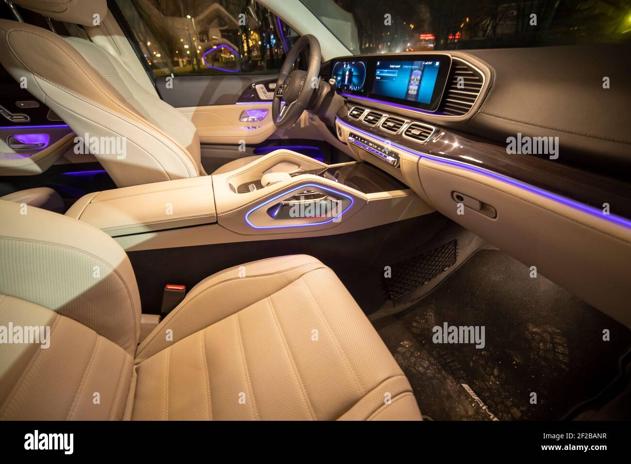 Moscow, Russia - December 24, 2019: Empty interior of light leather ...