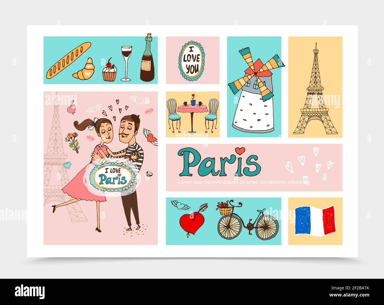 Sketch Travel To Paris composition with couple of lovers Eiffel Tower ...