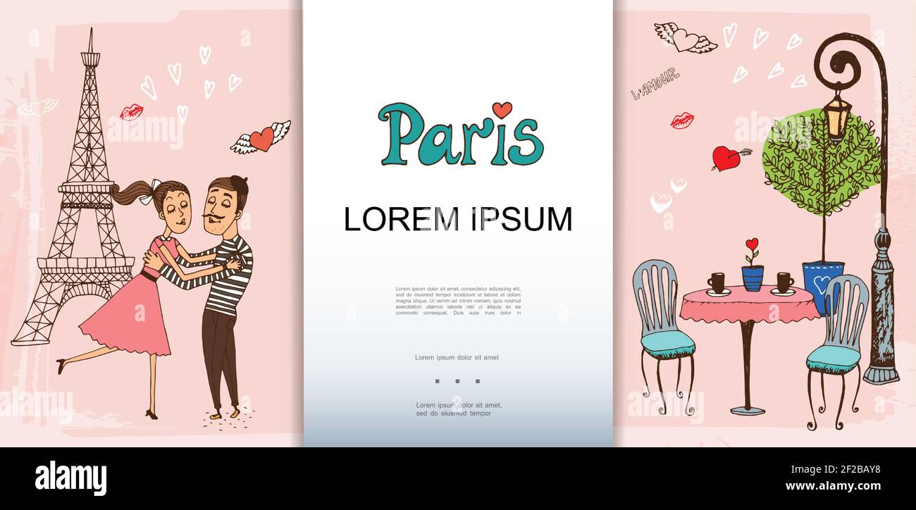 Hand drawn Paris template with couple of lovers Eiffel Tower winged ...