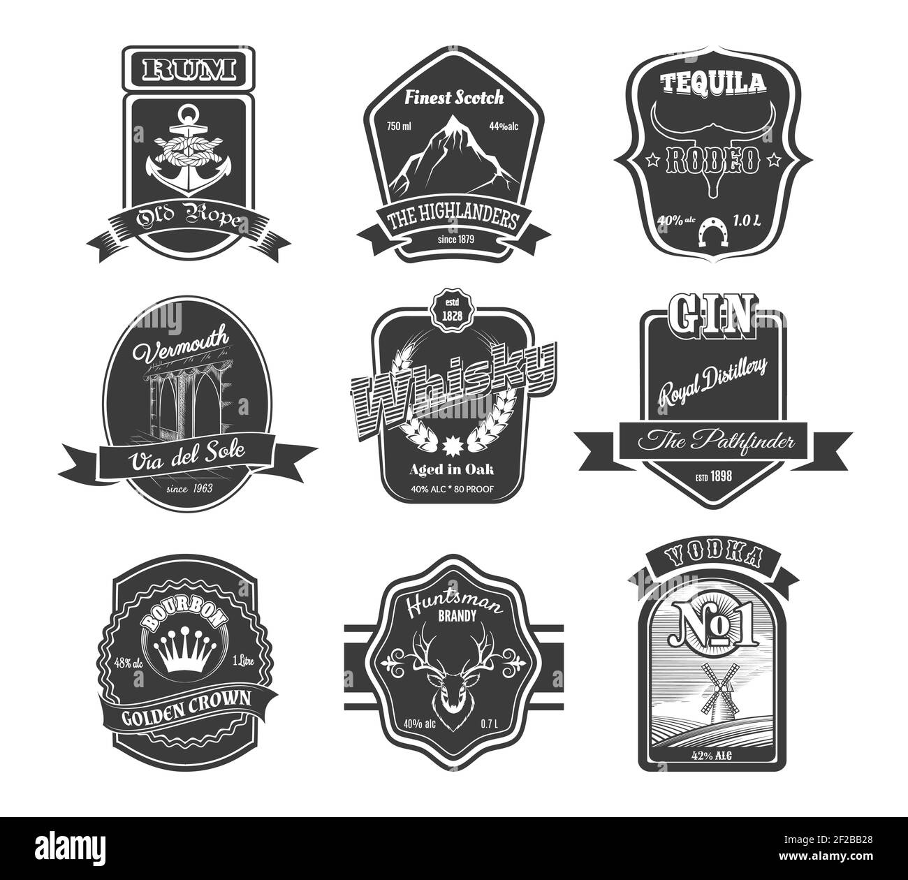 Vector set of vintage alcohol labels. Brandy and vodka, gin and tequila ...