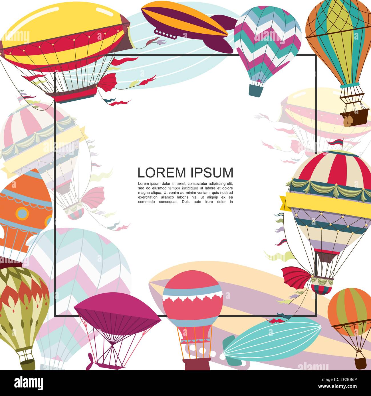 Flat air travel template with frame for text colorful hot air balloons ...