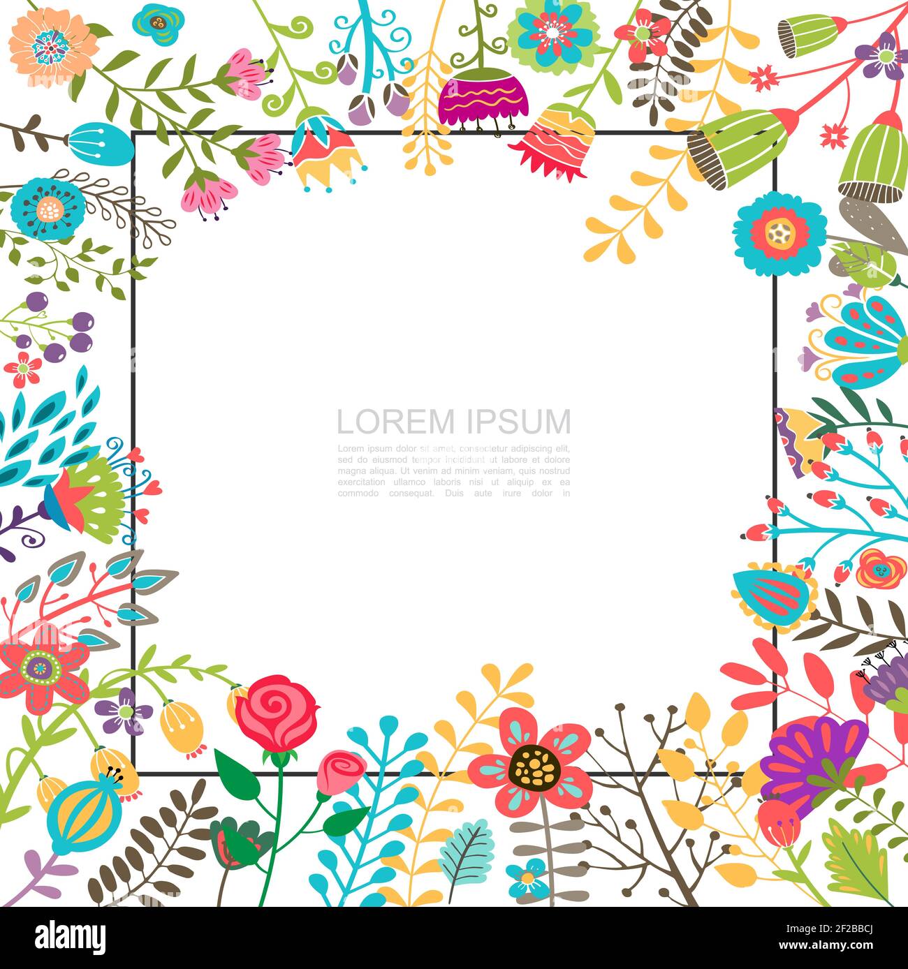 Flat floral flourishing bright template with frame for text and ...