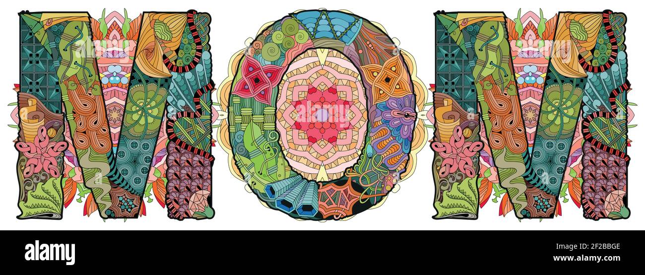 Hand-painted art design. Illustration word MOM with mandalas for t ...