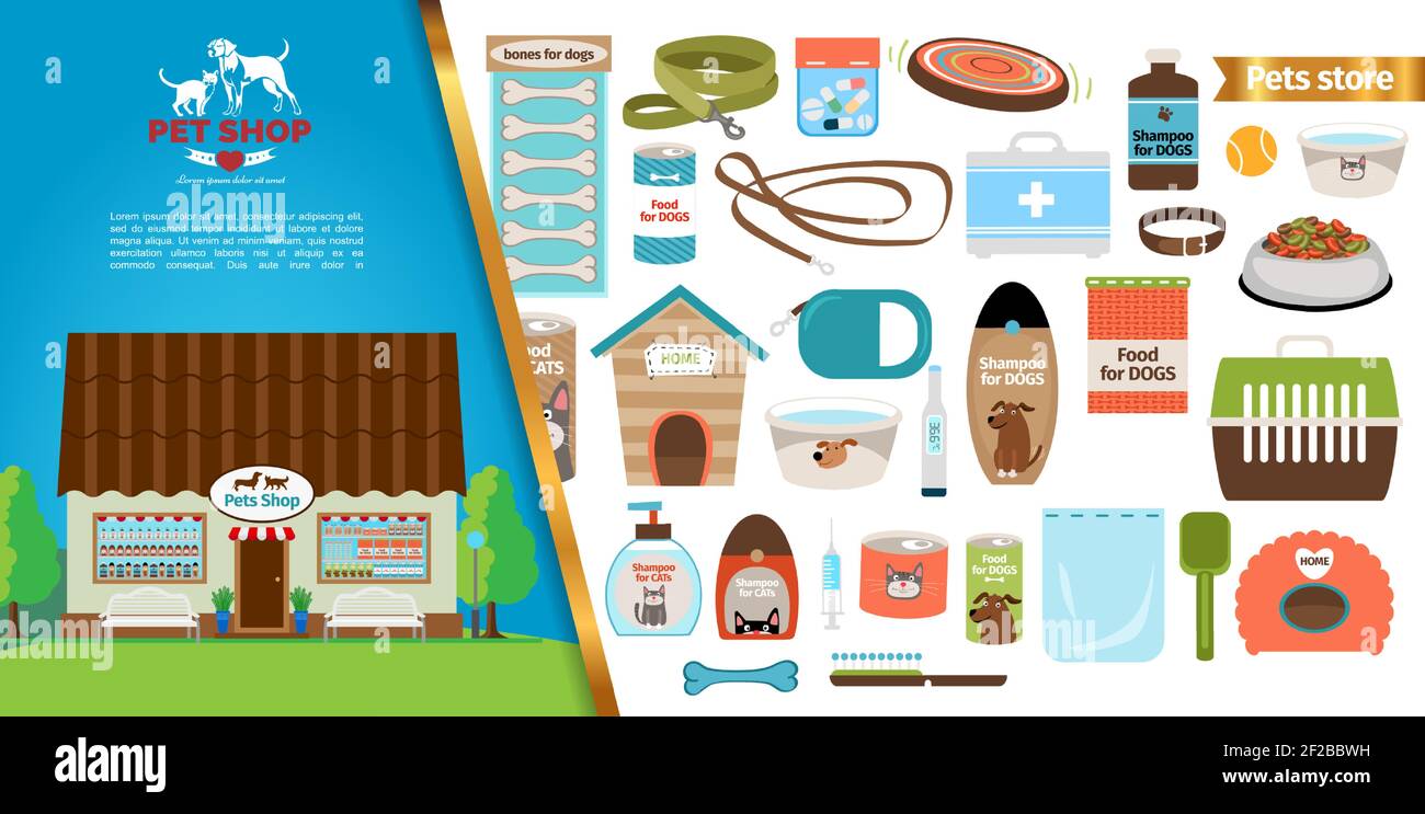 Flat pets shop concept with facade of store building different ...