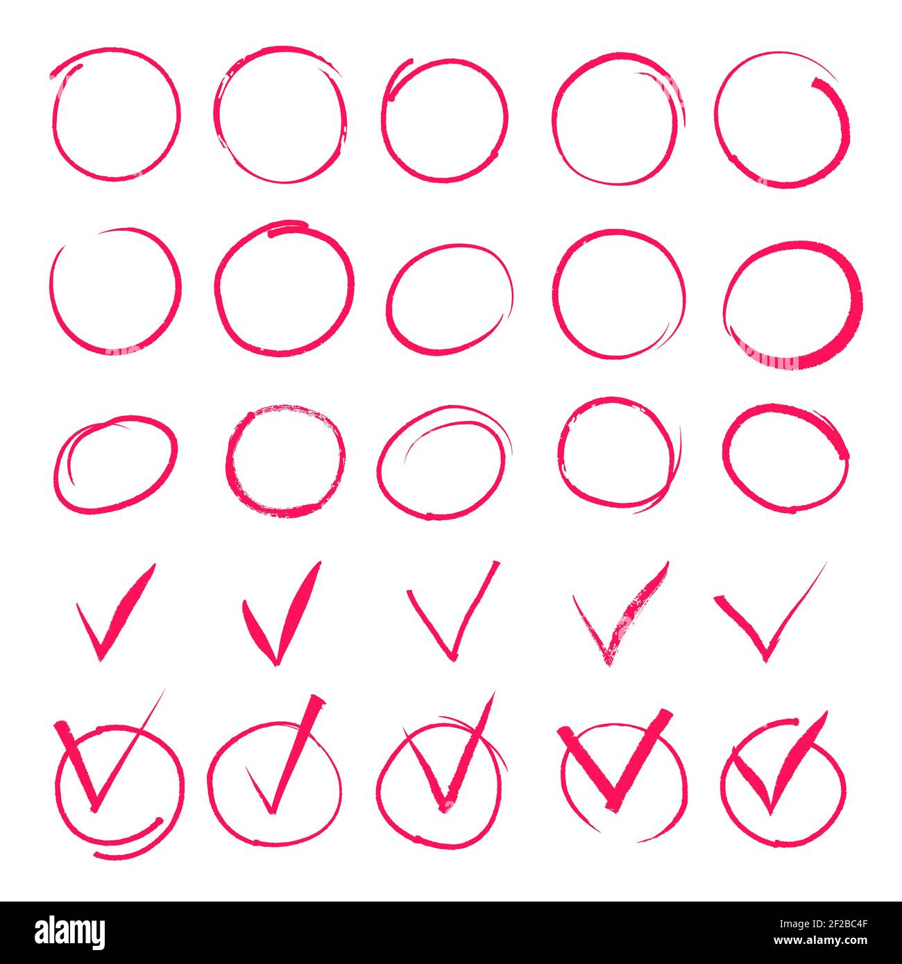 Set of hand drawn highlight red circles and check mark icons. Sign ...