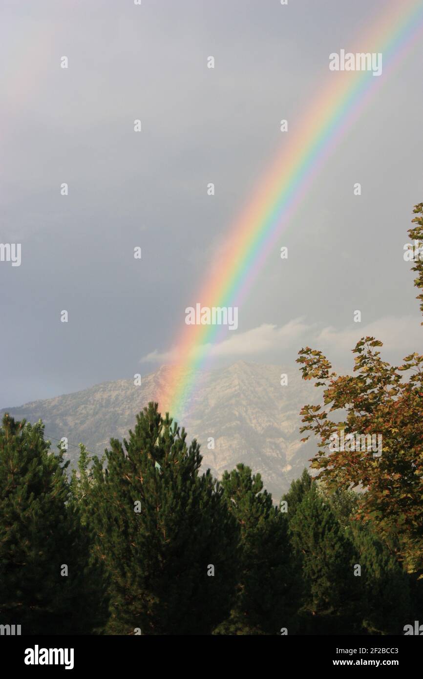Rainbow over mountain landscape in springtime, Provo, Utah, USA Stock ...