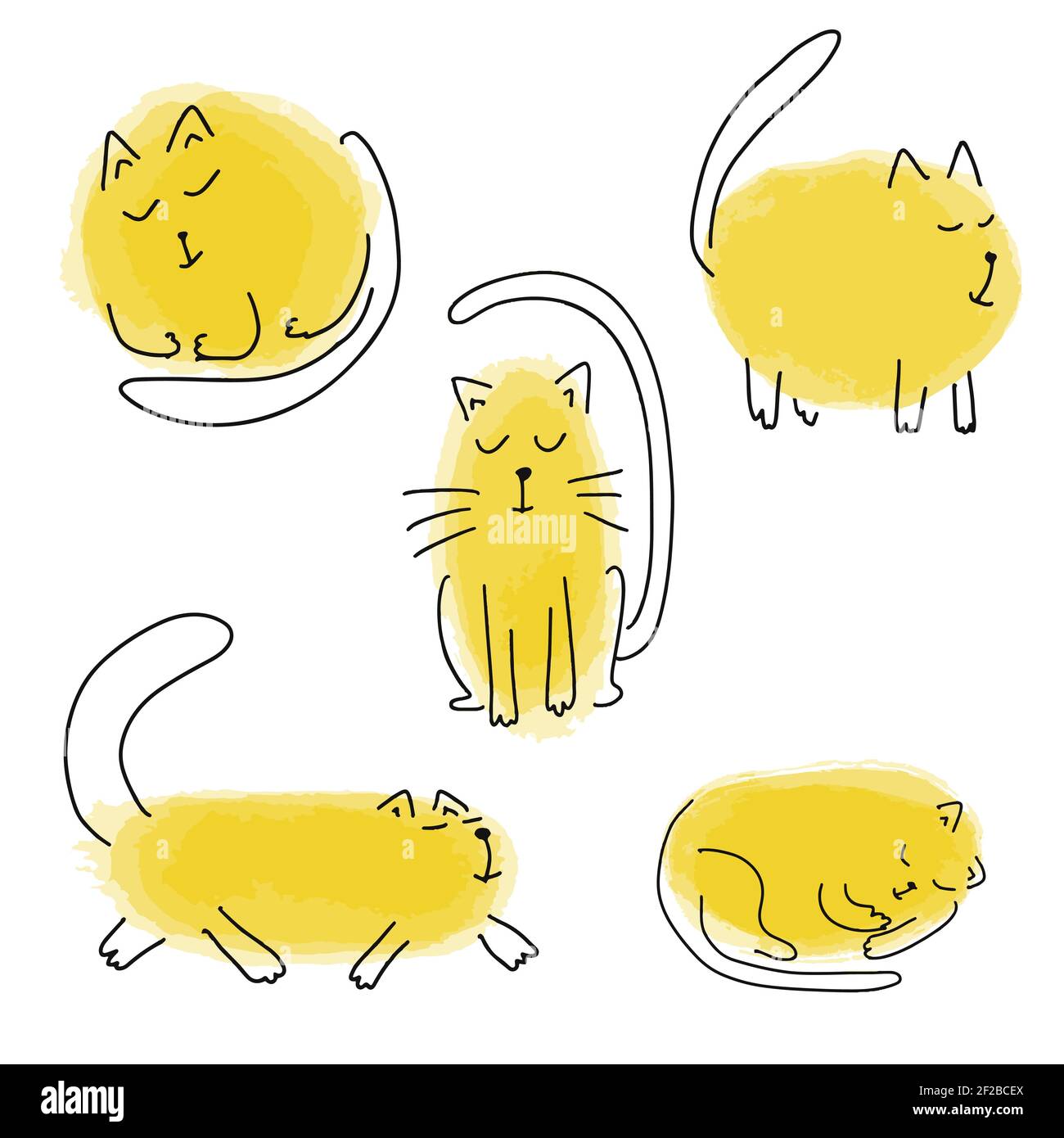 Hand drawn yellow cartoon cats set for design. Vector illustration ...
