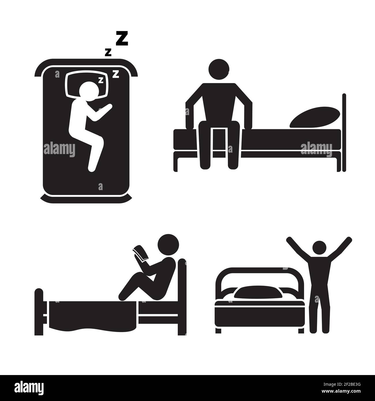 Person in bed icons. Hotel sleep signs. Wake up, silhouette person ...