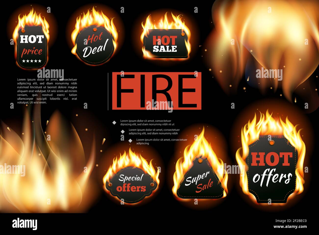 Realistic hot fire labels composition with Price Deal Offers Sale ...