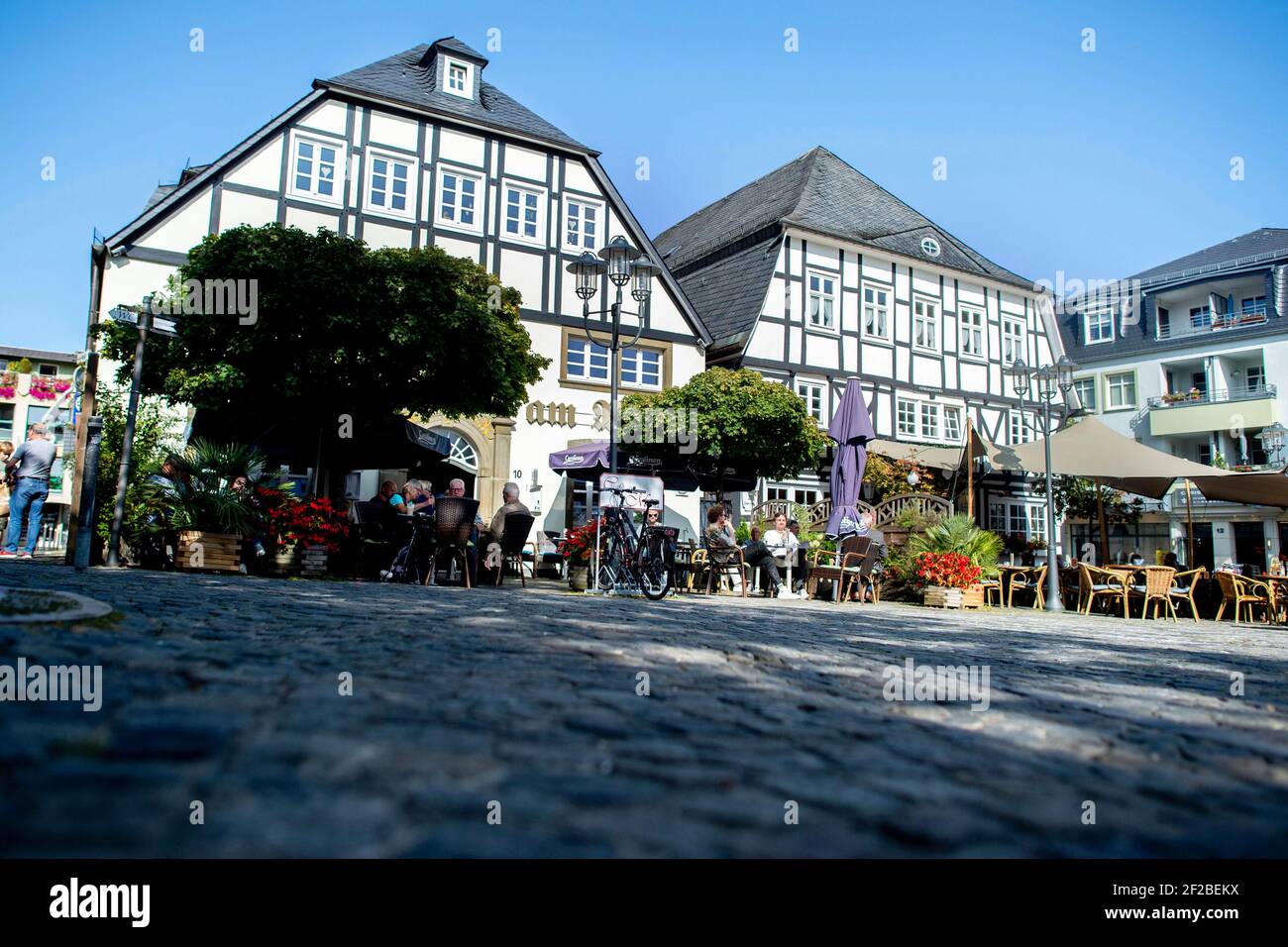Historic half-timbered houses next to the market square in the ...