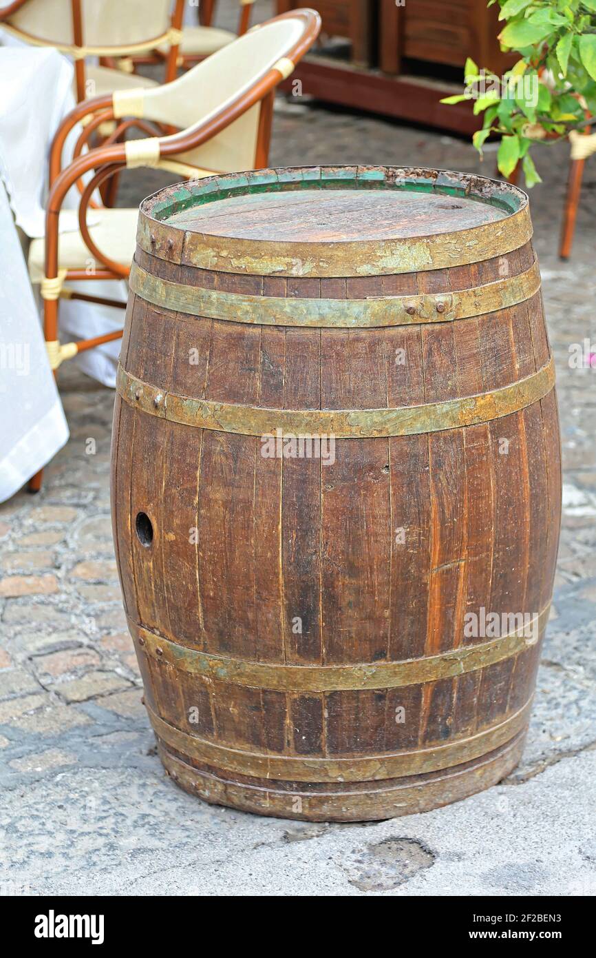 One Old Oak Wood Barrel at Cafe Terrace Stock Photo - Alamy