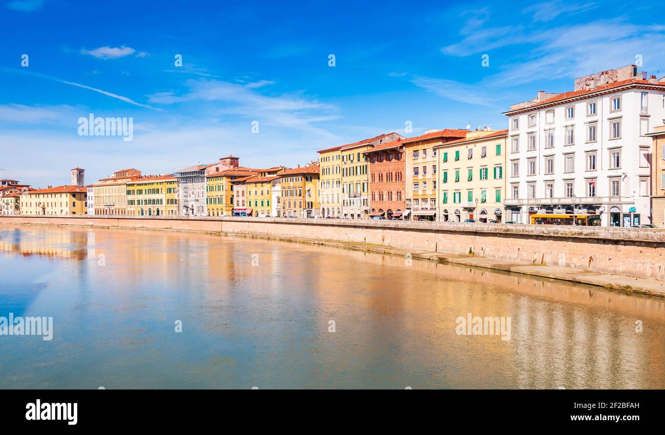 View of the Arno river from the Ponte di Mezzo bridge in Pisa, Tuscany ...