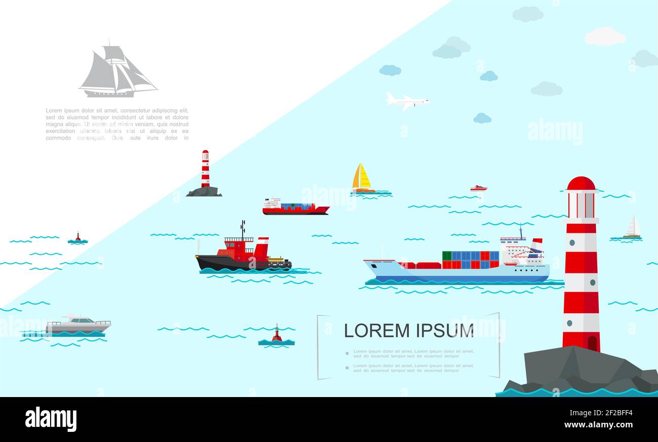 Flat sea transport colorful template with cargo ship vessel yachts ...