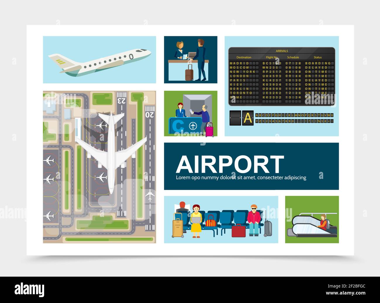 Flat airport elements composition with airplane on runway departure ...