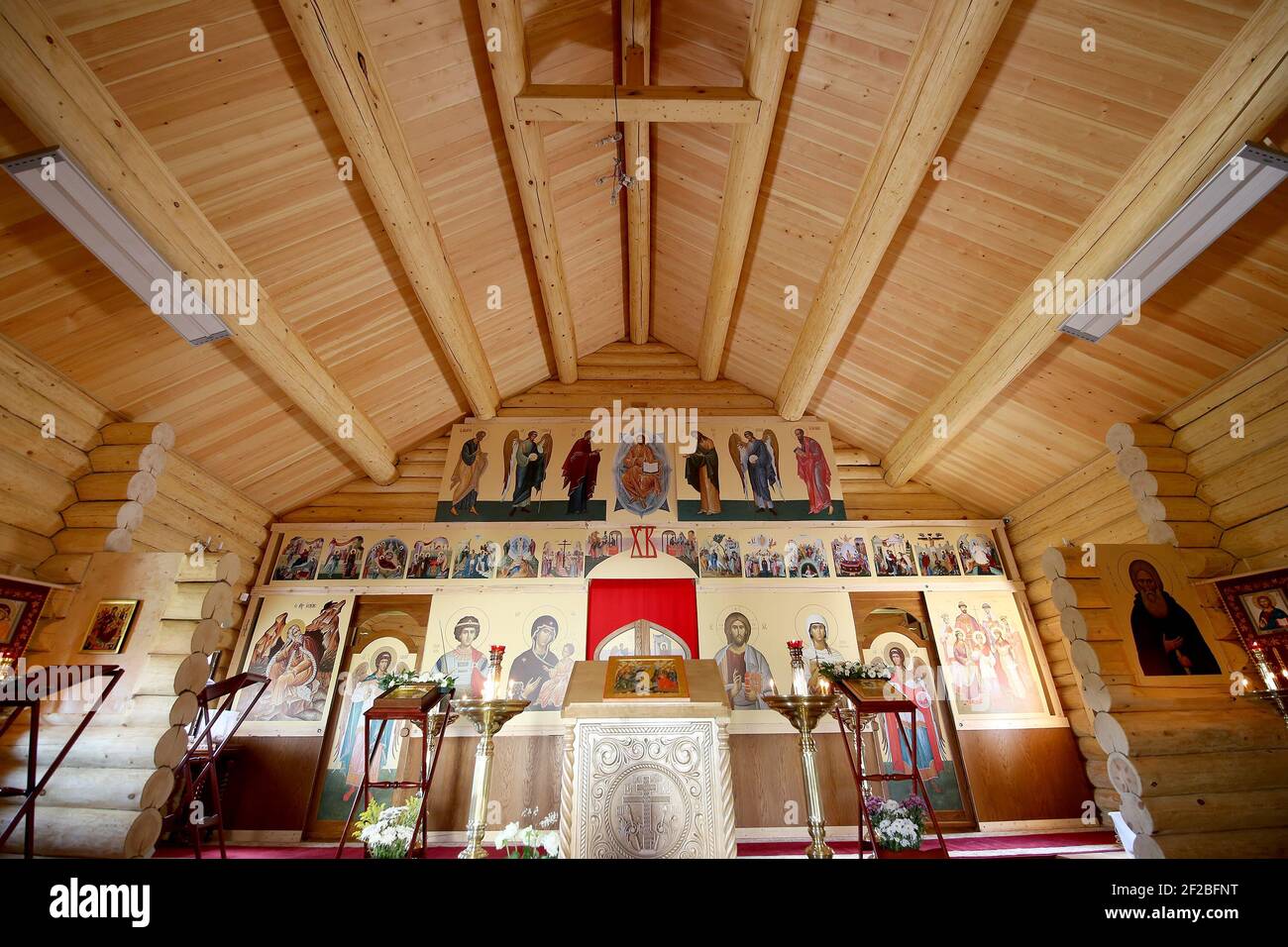 Interior Modern Wooden Orthodox church in Moscow, Russia Stock Photo ...