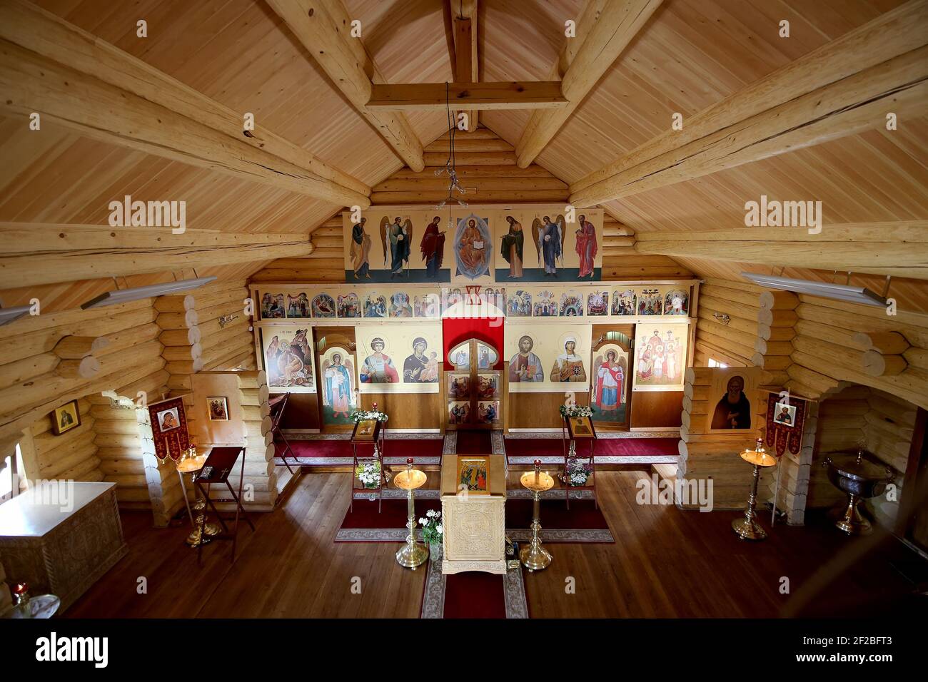 Interior Modern Wooden Orthodox church in Moscow, Russia Stock Photo ...