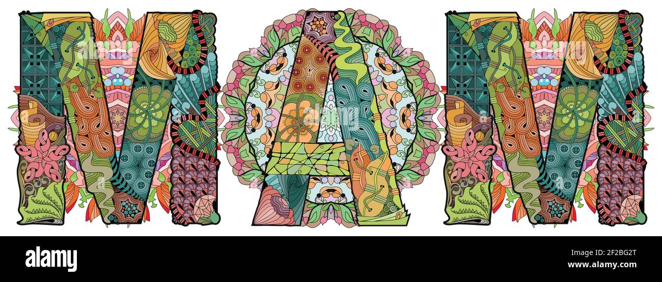 Hand-painted art design. Illustration word MAM with mandalas for t ...