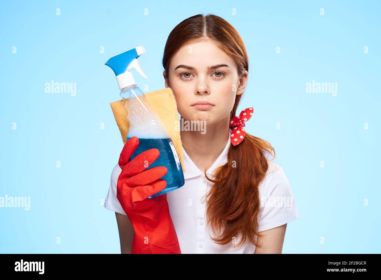 tired cleaning lady cleaning supplies service blue background Stock ...