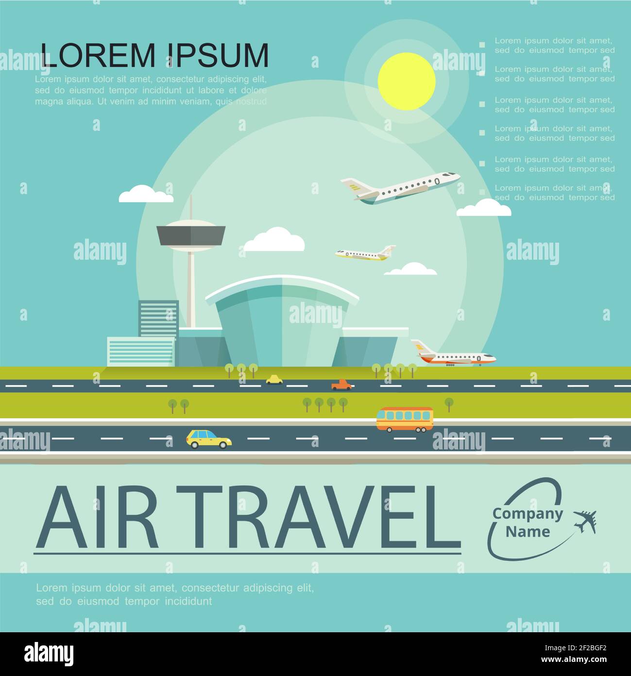 Flat air travel poster with airplanes airport building flight control ...