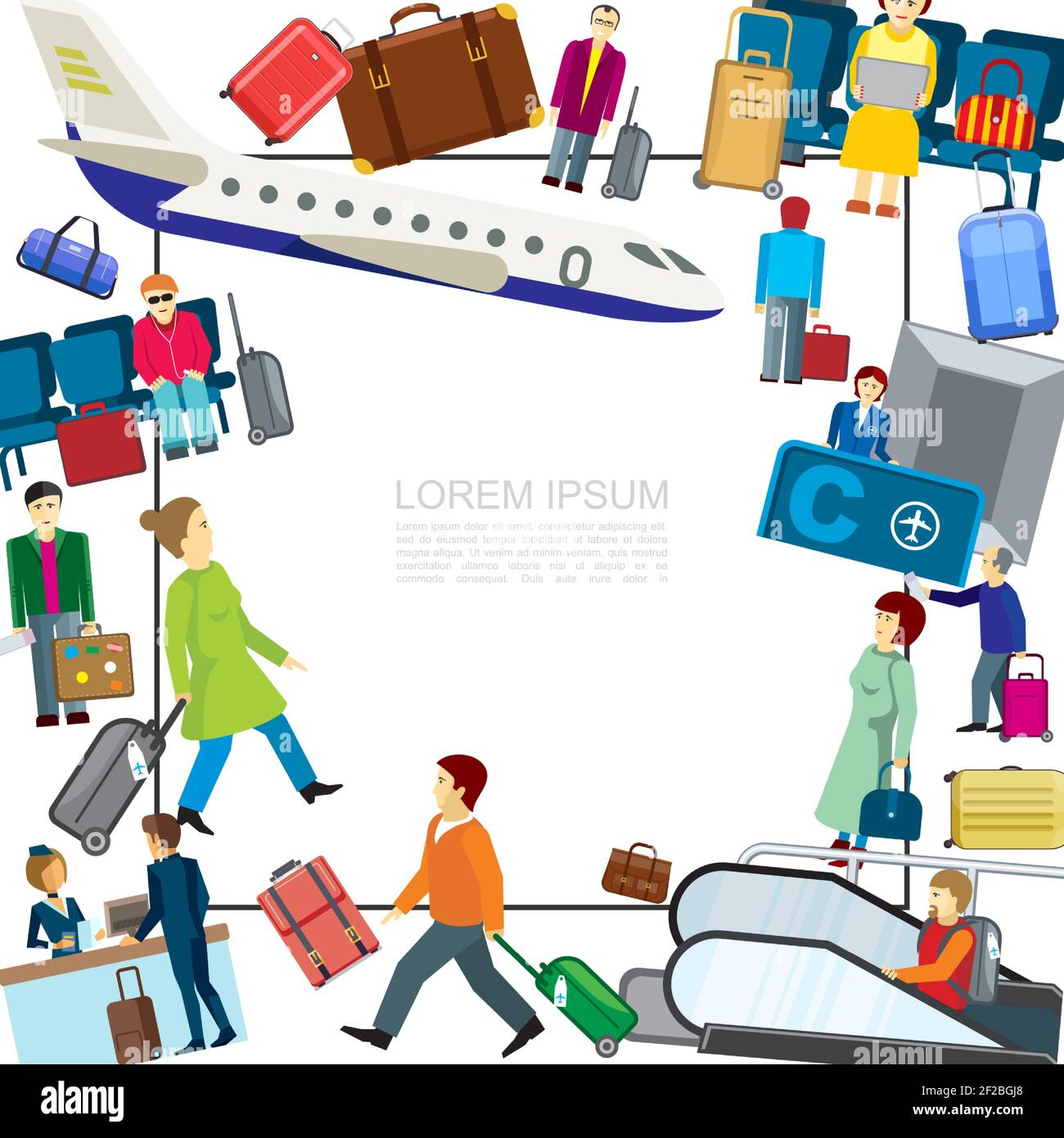 Flat airport colorful template with frame for text airplane check in ...
