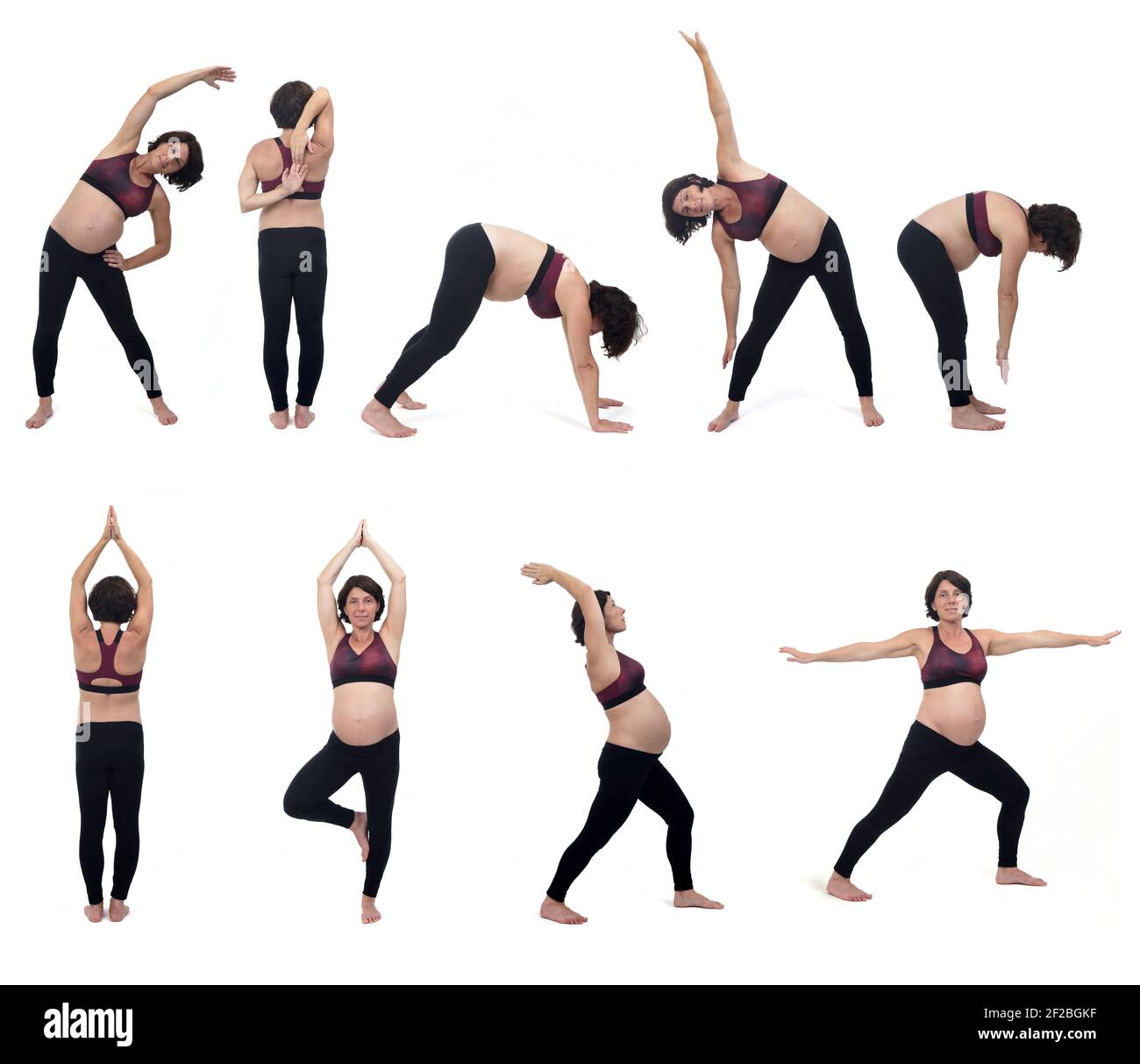 the same pregnant woman doing standing exercises on white background ...