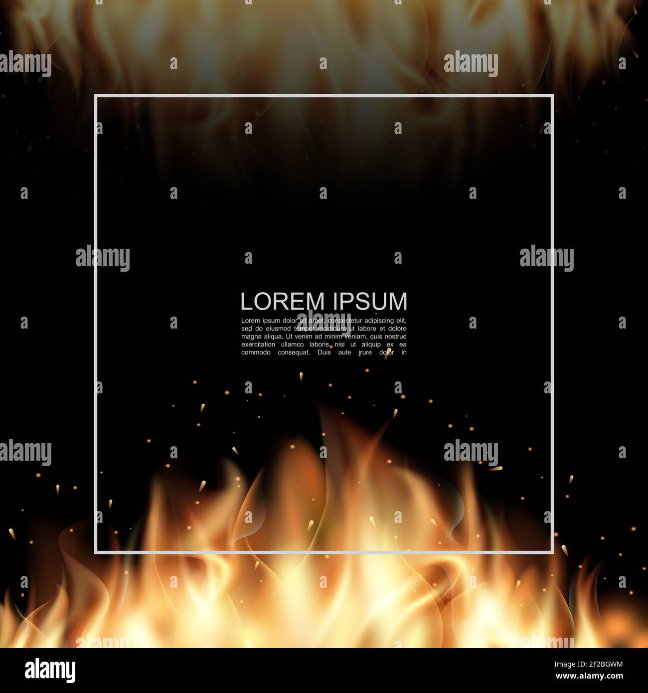 Realistic fire burning poster with frame for text and hot bright flame ...