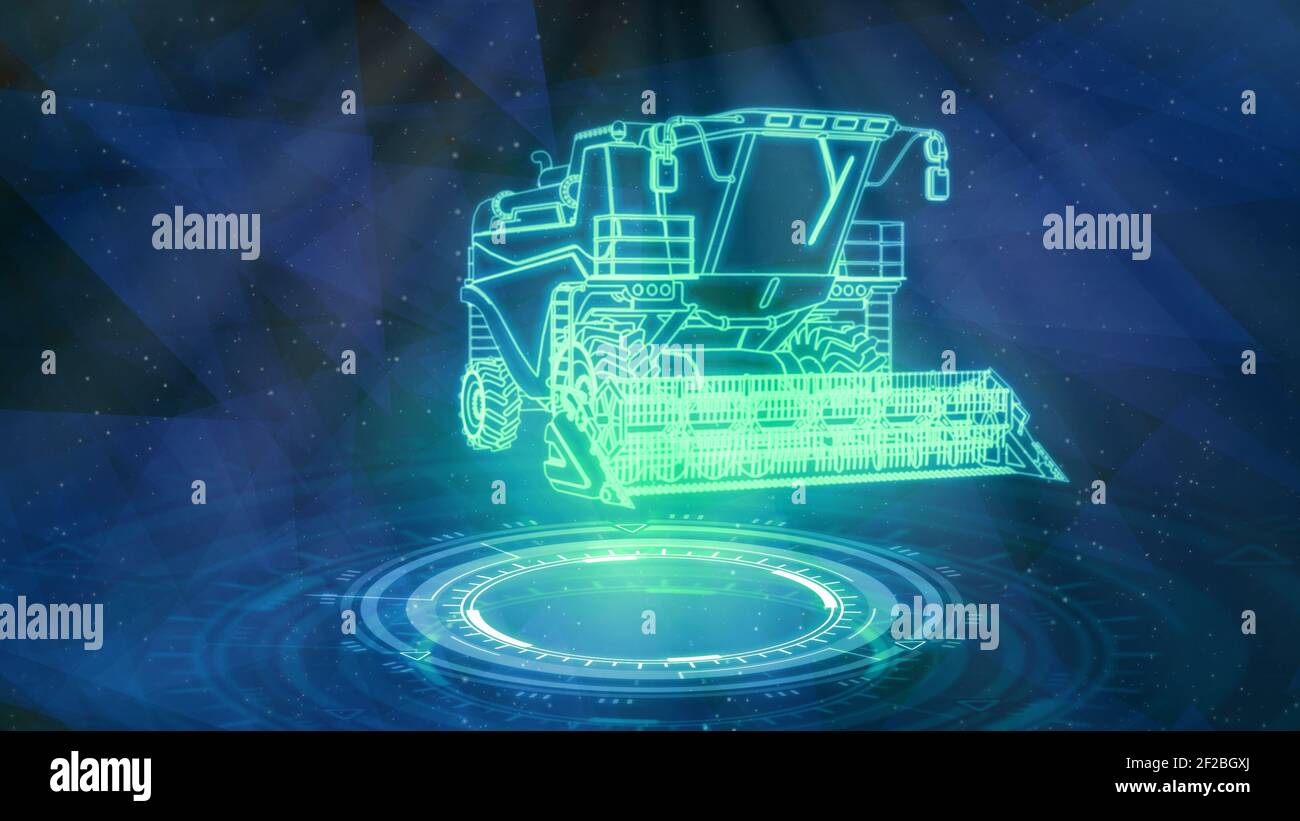 Neon combine harvester renders, cg industrial 3D illustration Stock ...