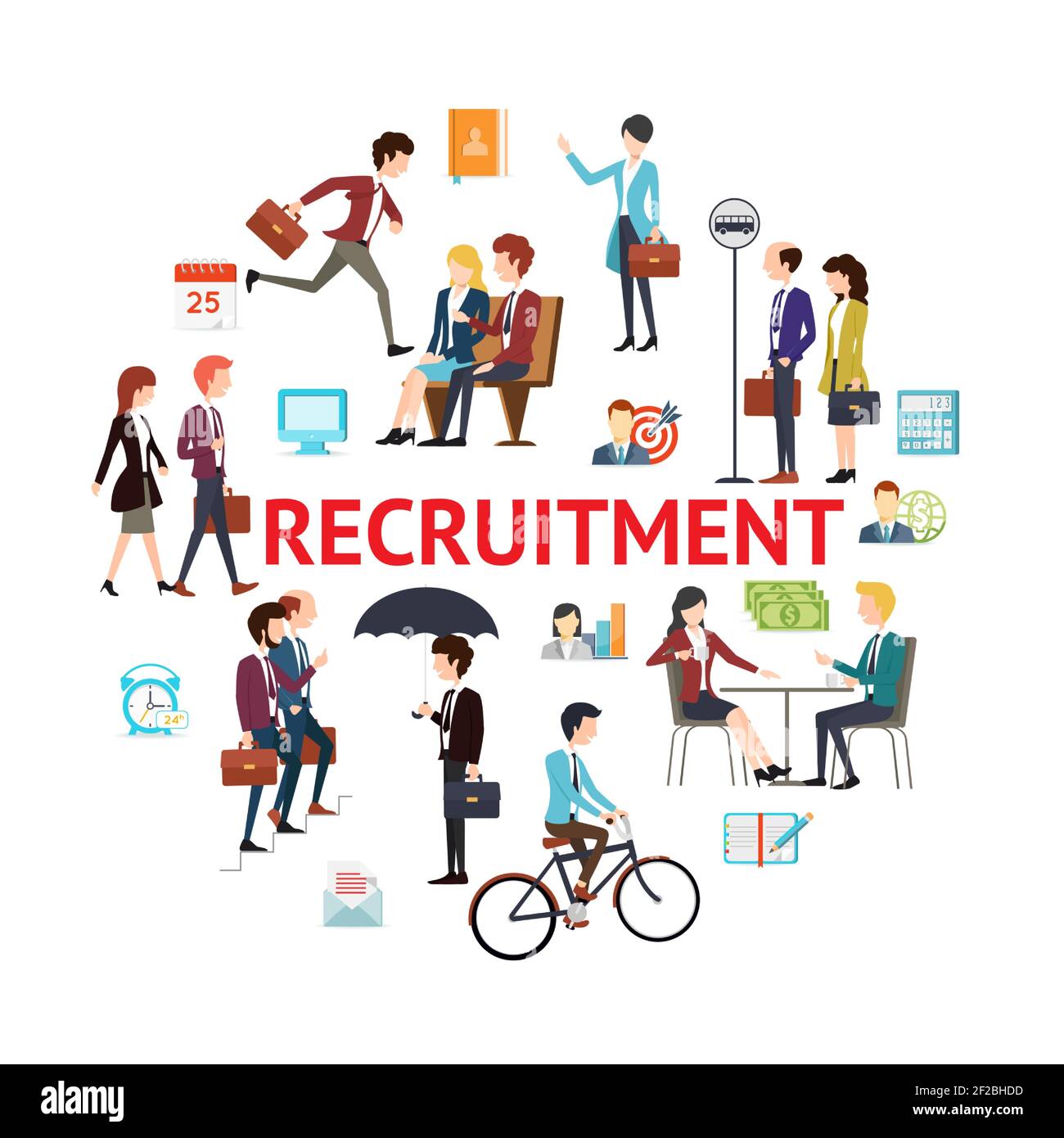 Flat recruitment round concept with office workers in different ...