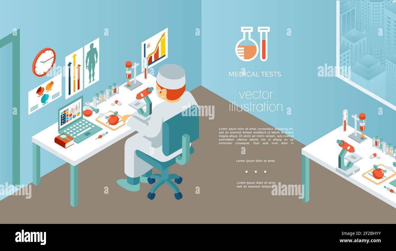 Isometric medical research template with doctor working in laboratory ...