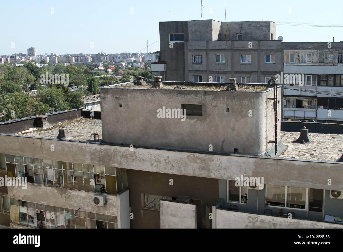 Exterior view of Communist-era apartment buildings in Bucharest ...