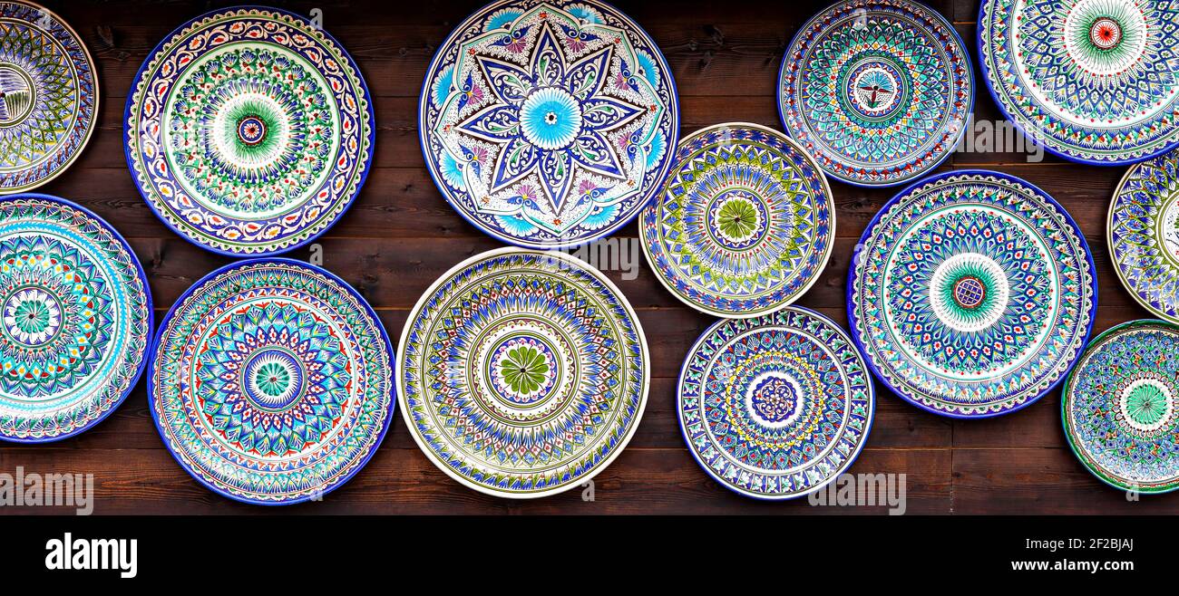 Samara, Russia - June 4, 2016: Ethnic Uzbek ceramic round plates with ...