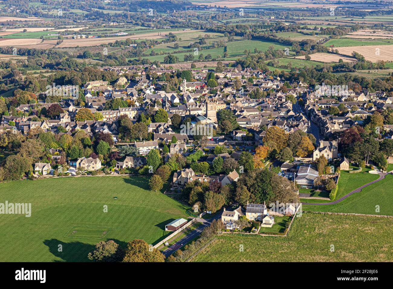An aerial view of the Cotswold town of Stow on the Wold ...