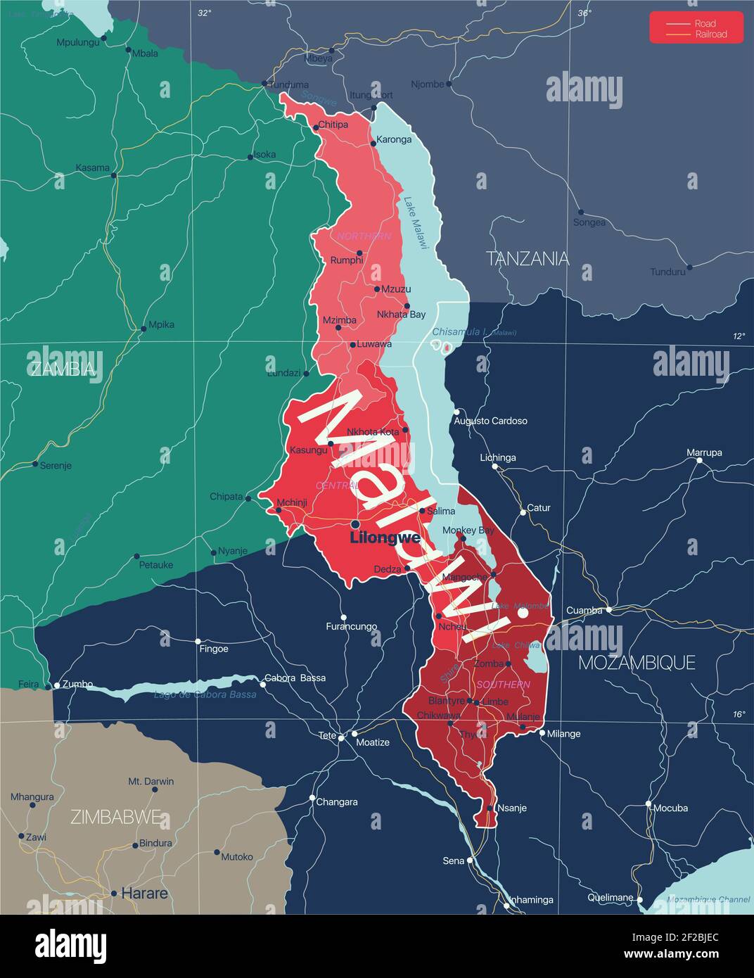 Malawi country detailed editable map with regions cities and towns ...