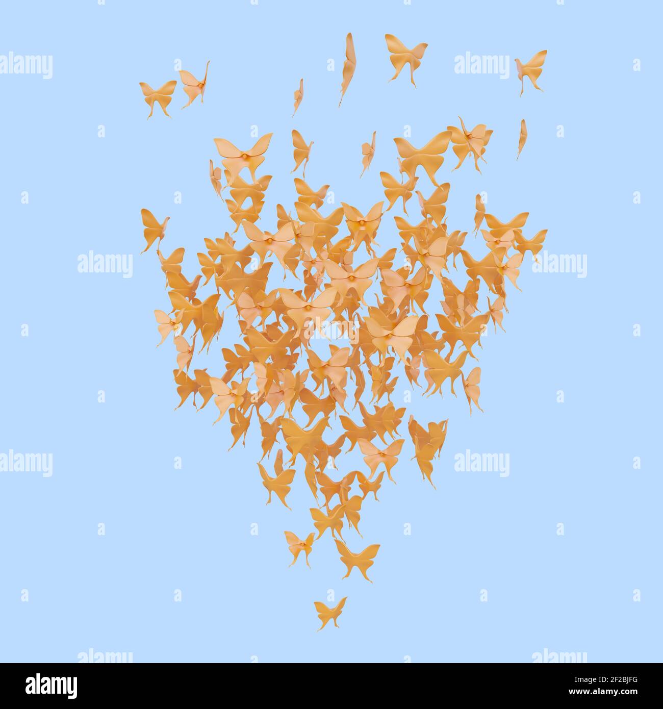 many figures of orange butterflies on blue background. 3d rendering ...