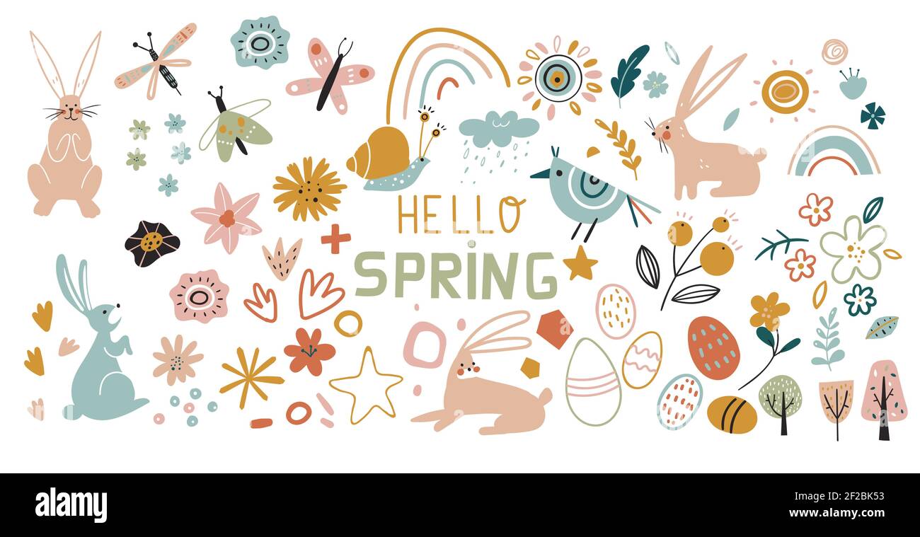 Easter icons. Big collection of flowers, leaves, birds, bunny and ...