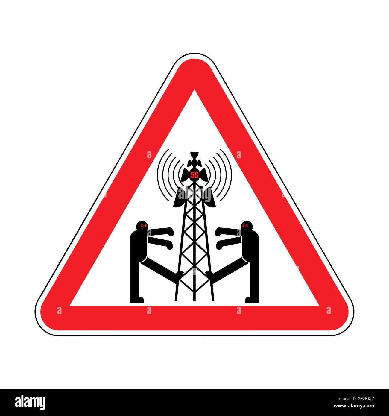 Attention 5G tower chipping population. Warning red road sign. Caution ...