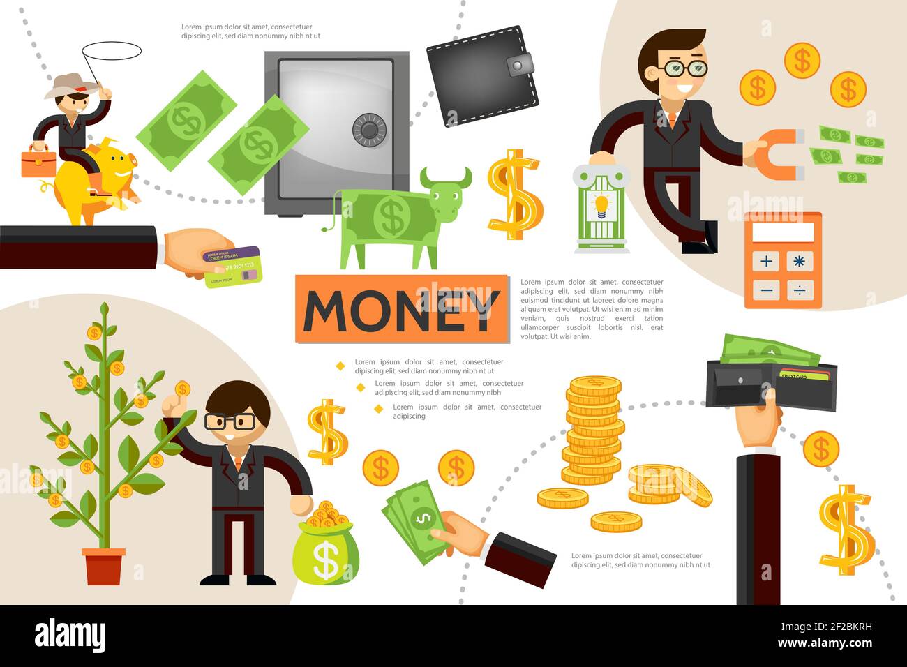 Flat finance infographic concept with money tree gold coins wallet safe ...