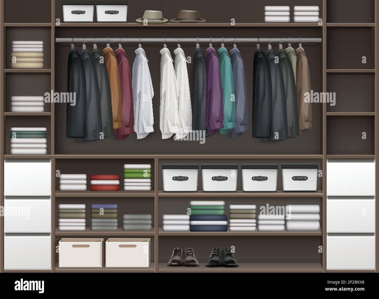 Vector brown cloakroom closet with shelves full of boxes and clothes ...