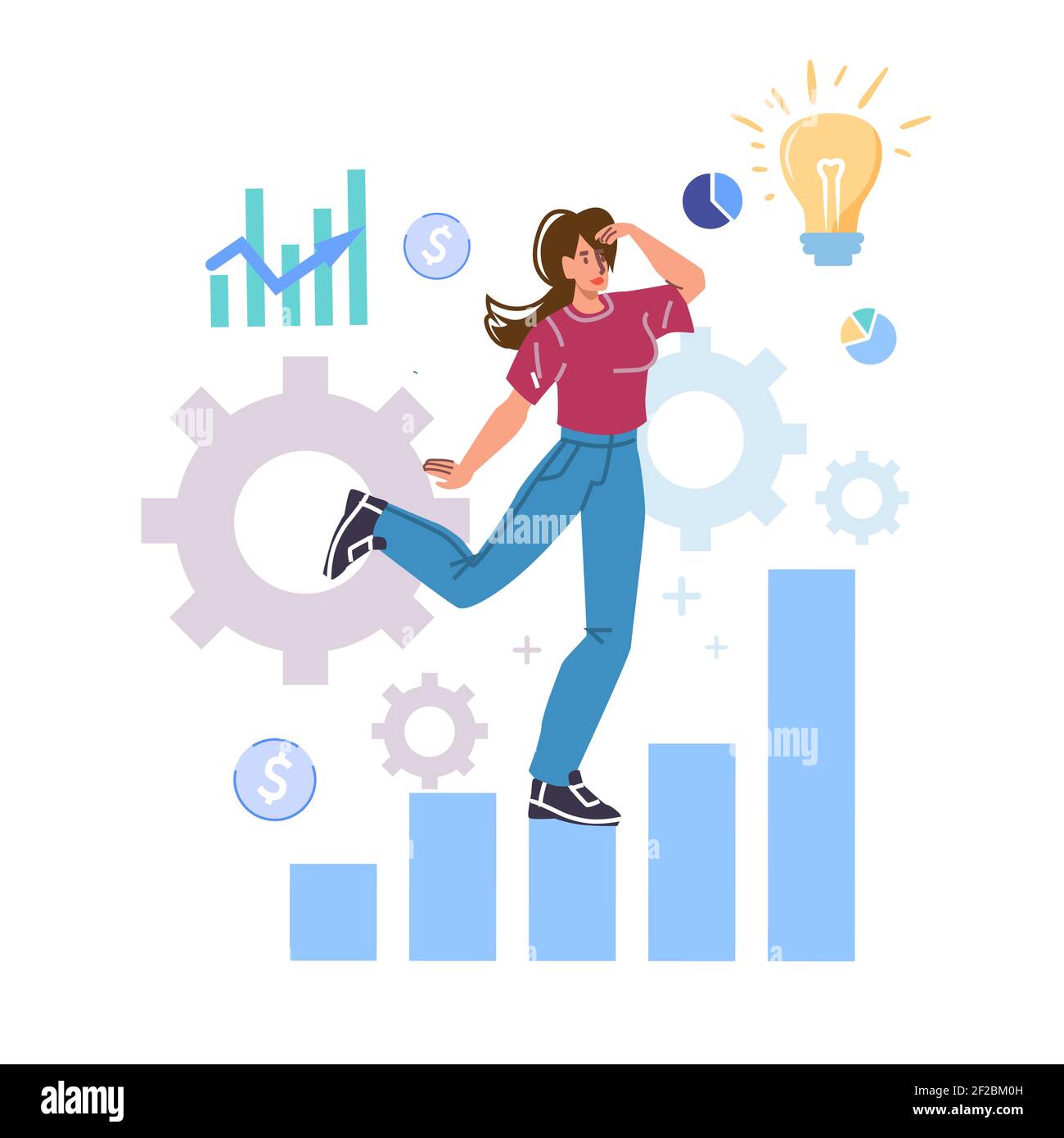 Flat cartoon woman character,goal achievment metaphor,lamp symbol ...