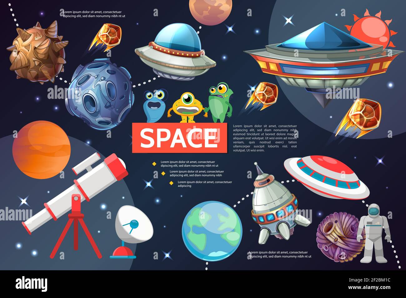 Cartoon space elements collection with sun planets stars spaceships ufo ...