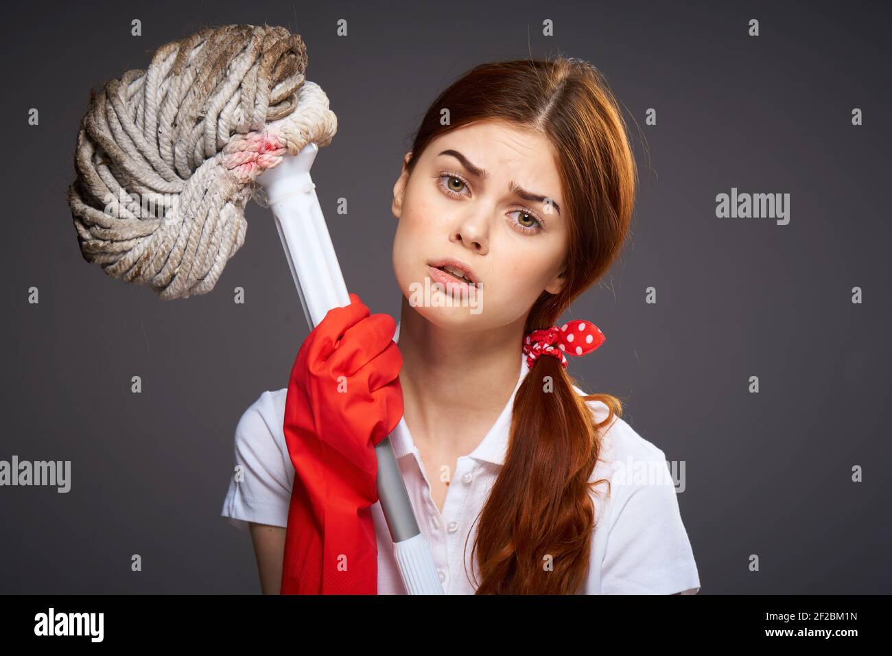 cleaning lady rubber gloved mop in hands housework routine work Stock ...