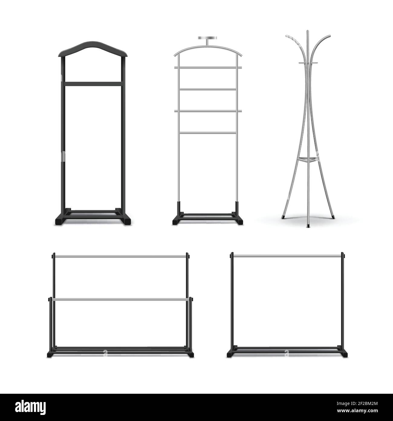 Vector set of black metal, wood clothes racks and stands front view ...