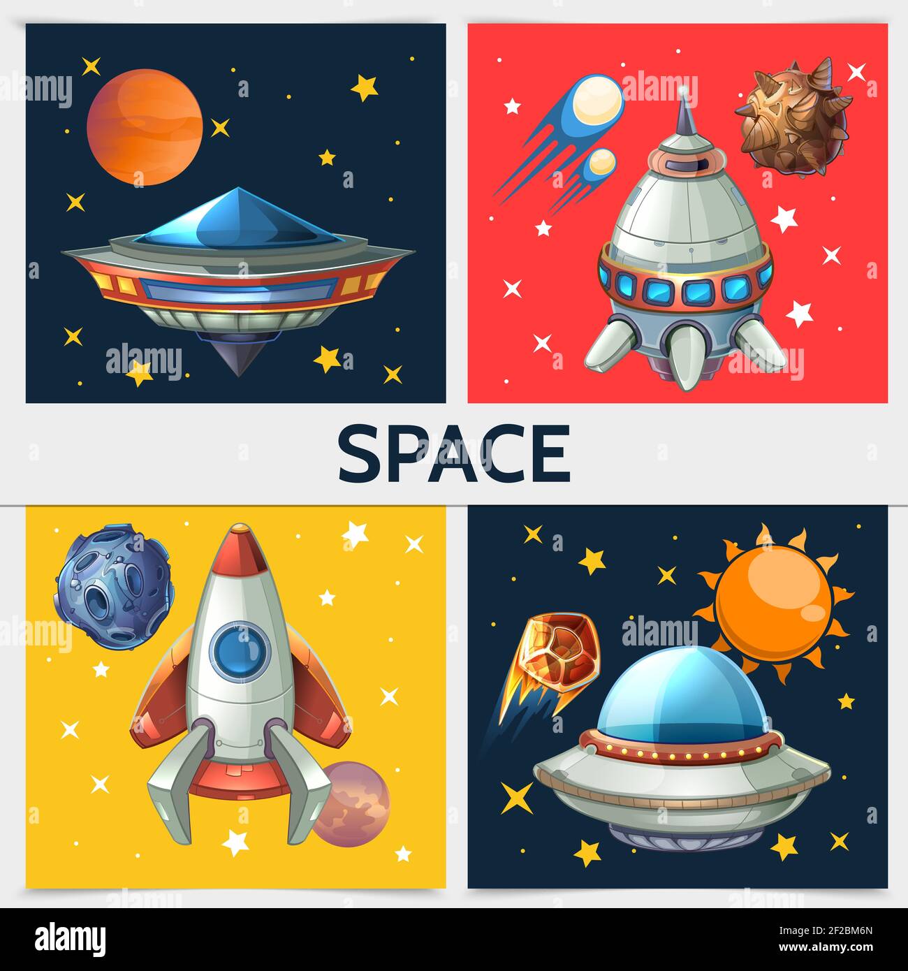 Colorful space square composition with rocket spaceship ufo sun planets ...