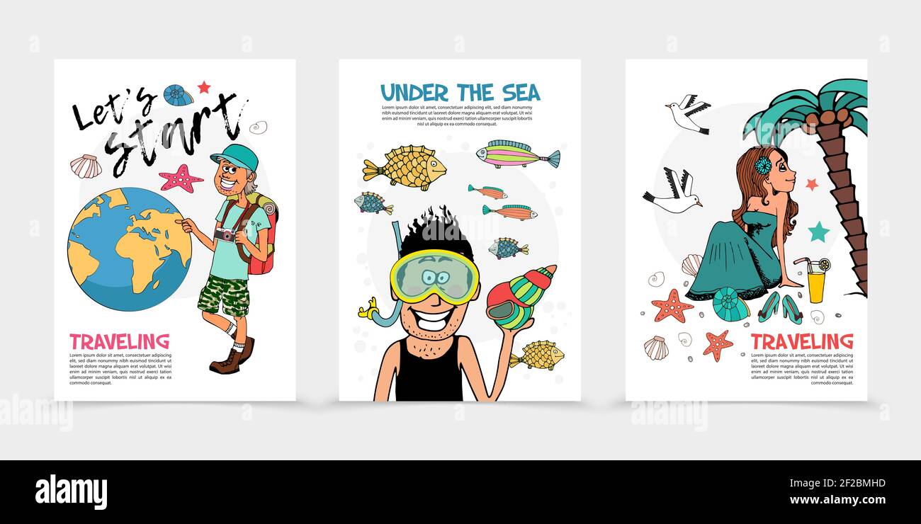 Flat summer travel posters with traveler earth globe diver and fish ...
