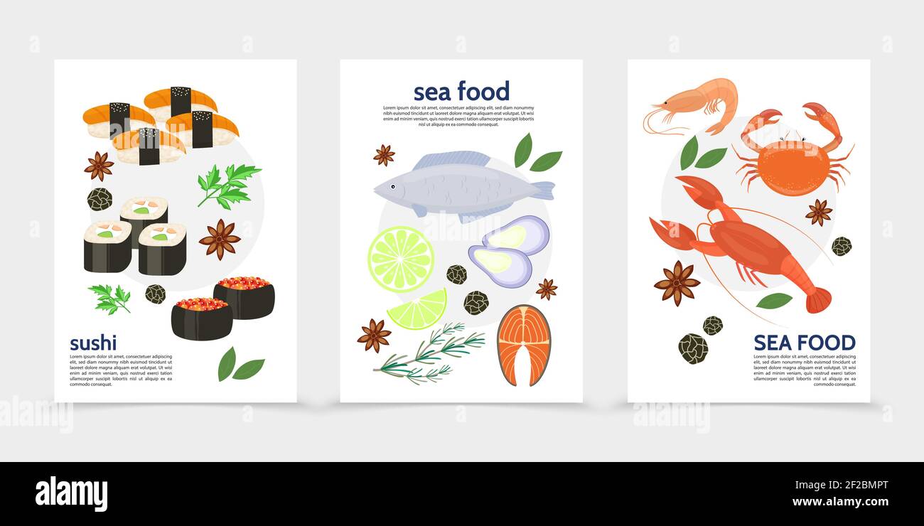 Flat sea food posters with fish lobster crab shrimp mussels salmon ...