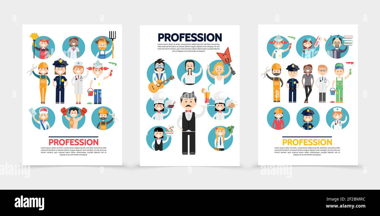 Flat professions brochures with stylist farmer builder doctors police ...