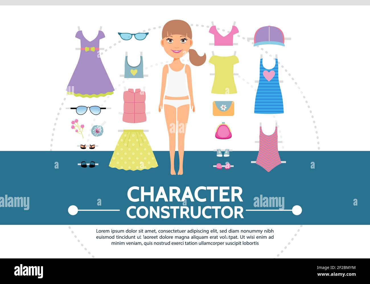 Flat female character creation round concept with attractive girl dress ...